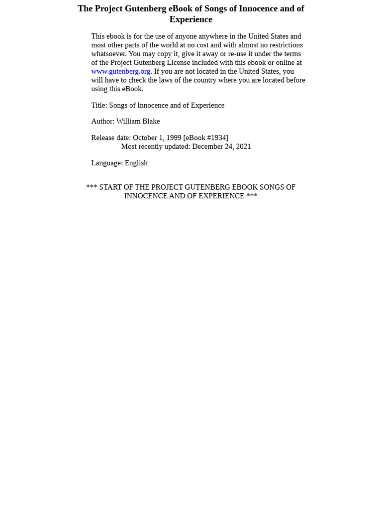 Songs of Innocence and Experience | PDF | Project Gutenberg | Copyright