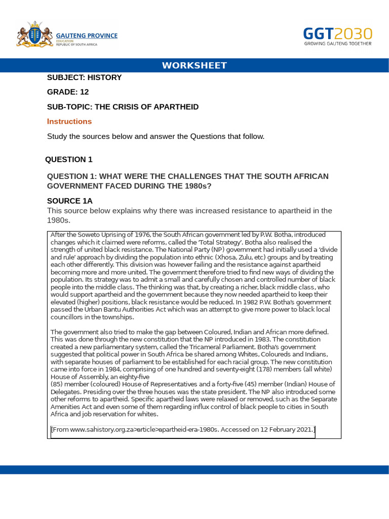 Worksheet - The Crisis of Apartheid 24 July 2025 | PDF | Apartheid ...
