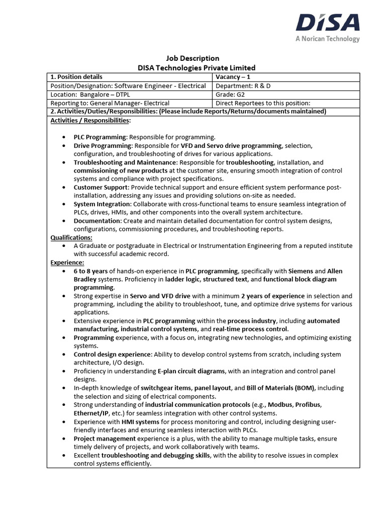JD - Software Engineer - Electrical | PDF | Programmable Logic ...