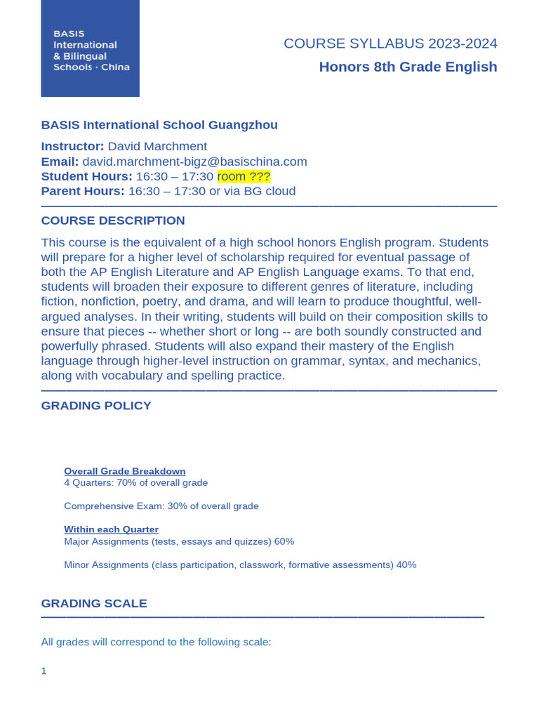 Honors 8th Grade English Syllabus 2023-2024 | PDF | Poetry | Sonnets