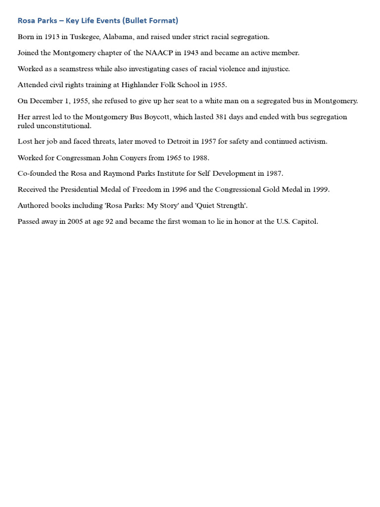 Rosa Parks: Key Life Events Summary | PDF