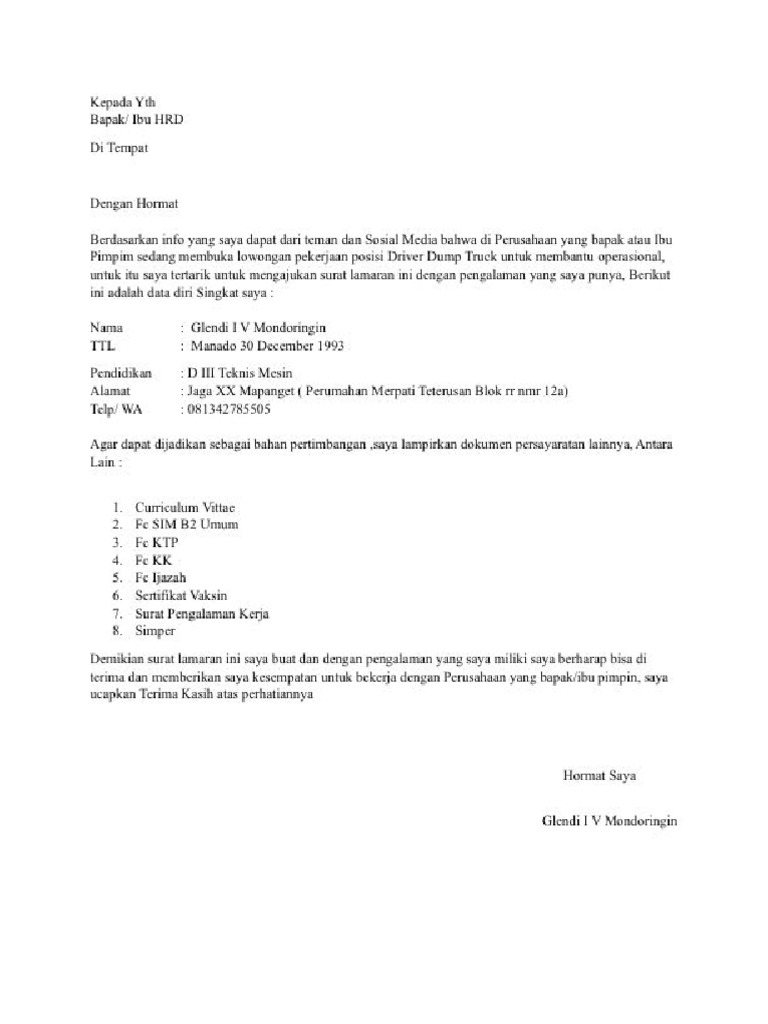 Berkas Lamaran Glendi Mondoringin | PDF