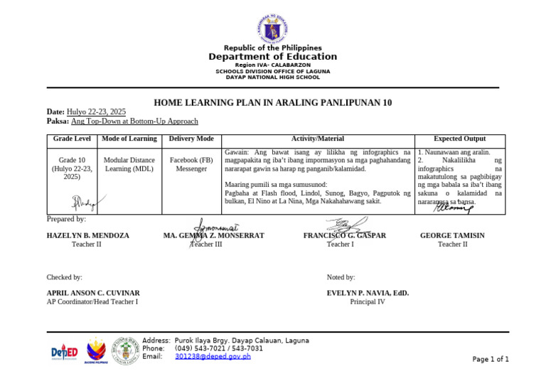 AP10 Home Learning Plan 7 22 23 2025 | PDF