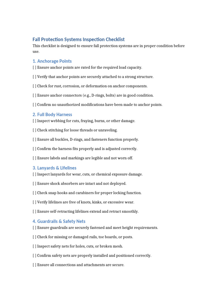 Fall Protection Systems Inspection Checklist | PDF