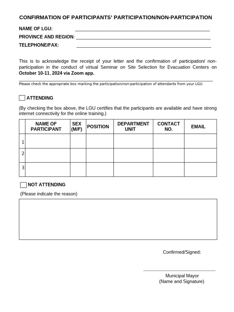 Confirmation of Participation Slip Site Selection 2024 | PDF