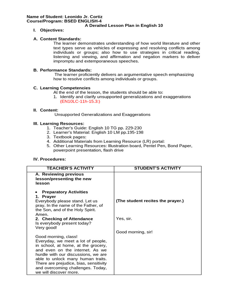Sample Lesson Plan in English Using The | PDF