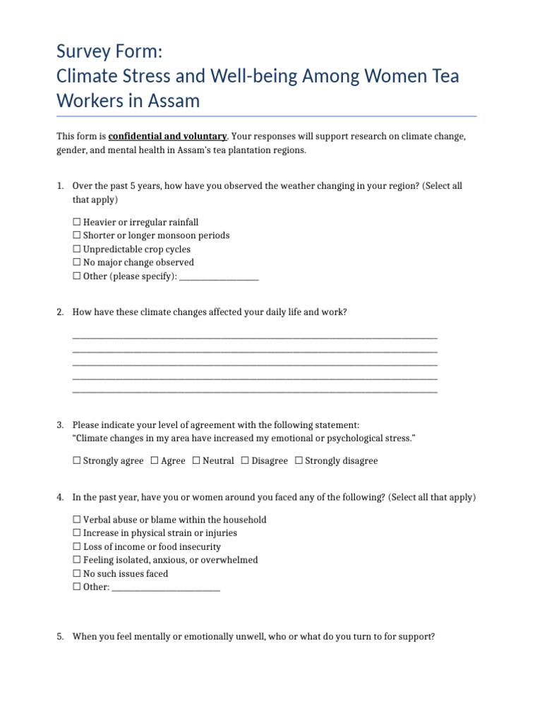 Assam Climate MentalHealth Survey Form | PDF | Psychology ...