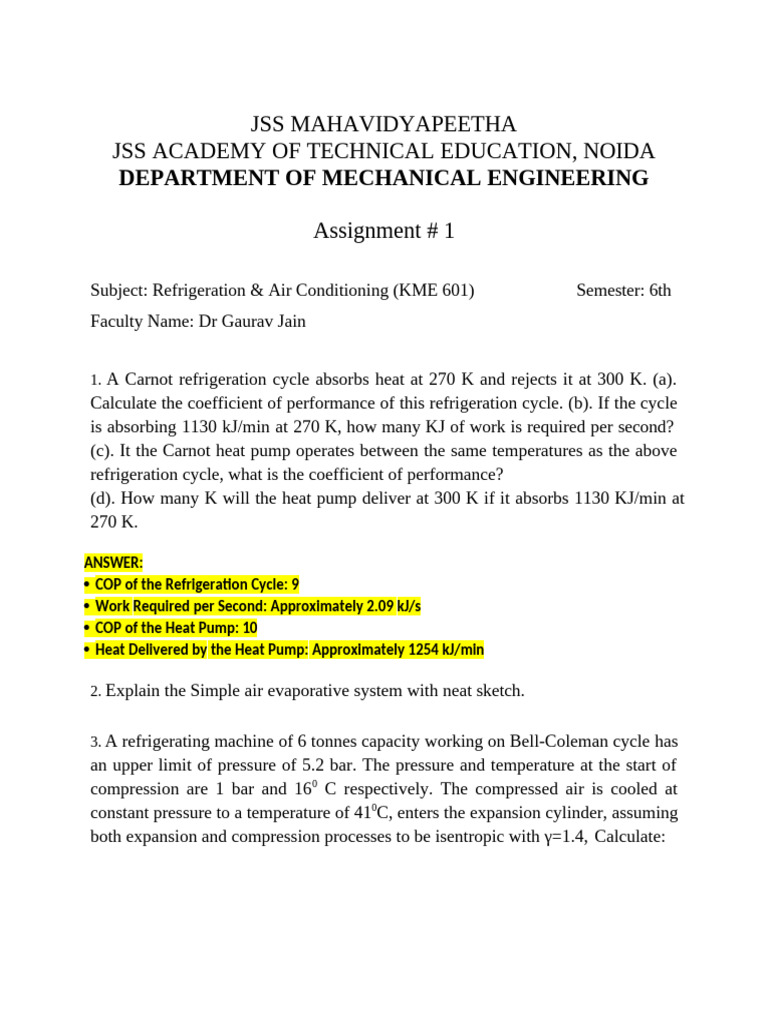 Refrigeration & Air Conditioning Assignment 1 With Answers | PDF | Refrigeration | Thermodynamic ...