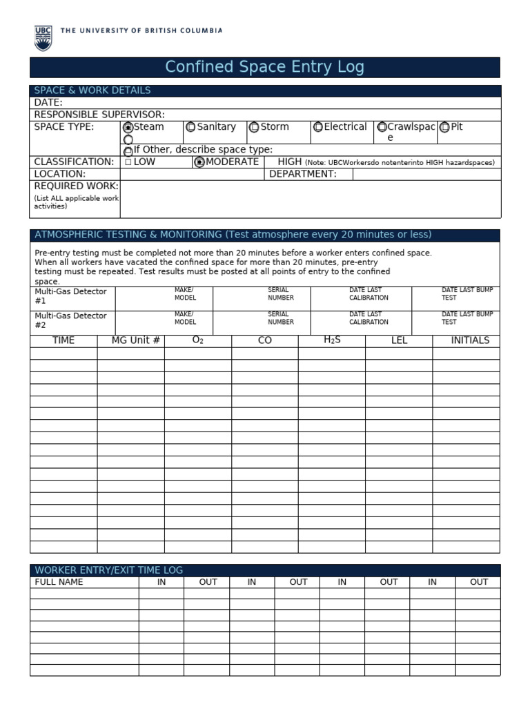 Confined Space Entry Log Sheet | PDF