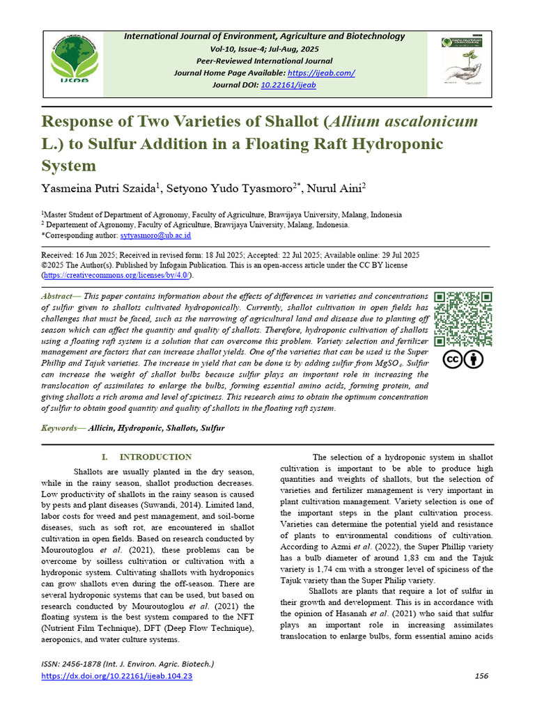 Response of Two Varieties of Shallot (Allium Ascalonicum L.) To Sulfur ...
