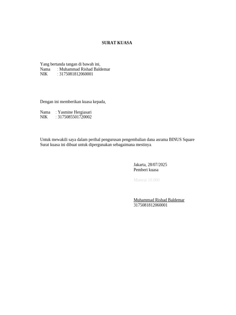 Format-Surat-Kuasa (Refund Asrama) | PDF