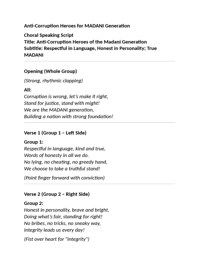 Anti-Corruption Heroes Choral Piece | PDF