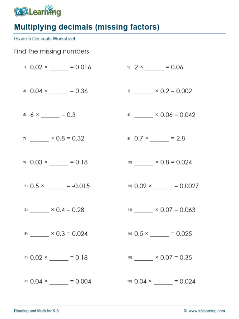 Grade 5 Decimal Multiplication Worksheet | PDF