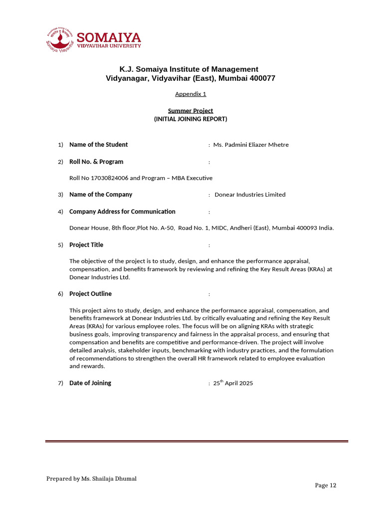 Appendix 1,2,3 Summer Internship For MBA-MBA HCM-MBA SM - 2024-26 and ...