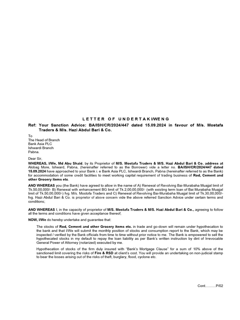 Undertaking Stamp - Format | PDF | Banks | Loans