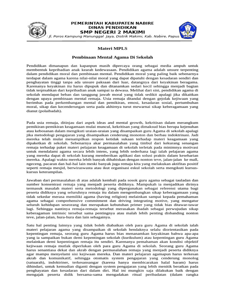 8. Materi MOS Pembinaan Mental Agama Di Sekolah | PDF