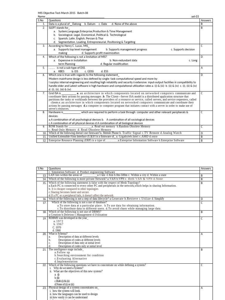 MIS Objective Test - Set-03 | PDF | Software Development Process ...