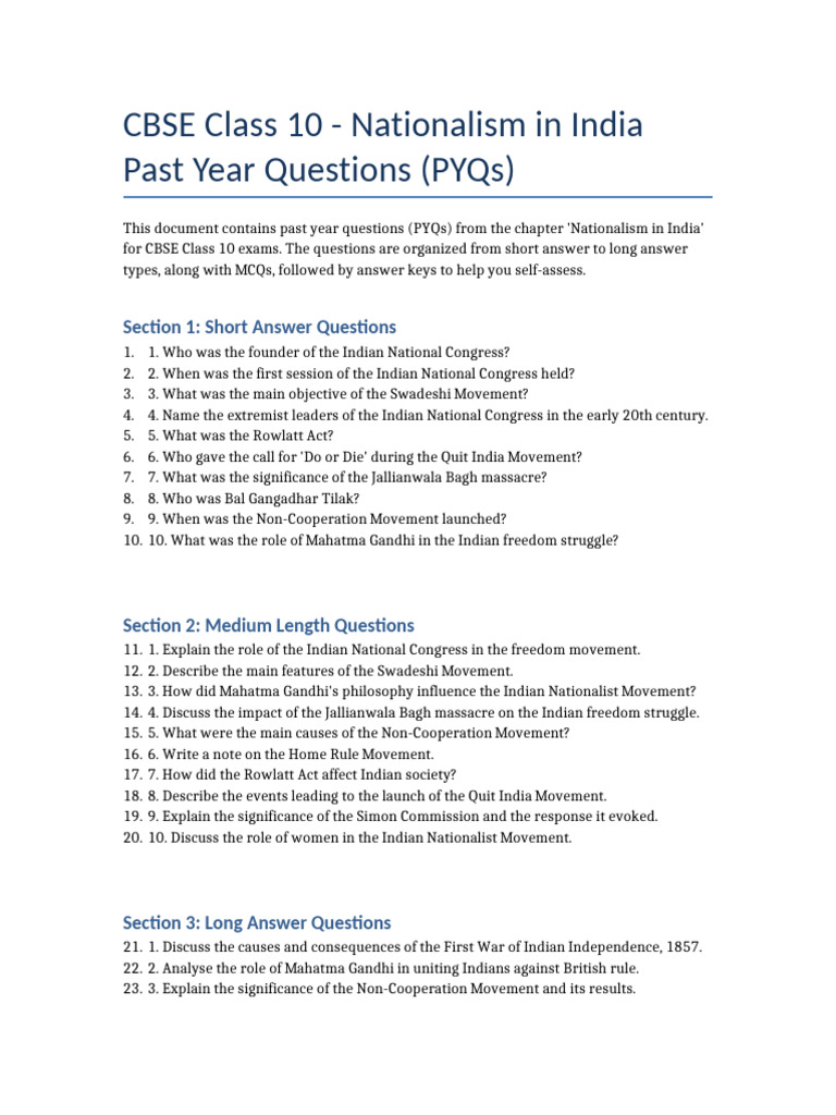 CBSE Class 10 Nationalism PYQs Guide | PDF | Indian Independence ...