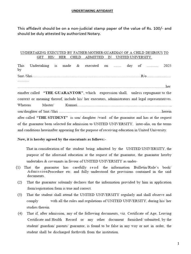 This Affidavit Should Be On A Non-Judicial Stamp Paper of The Value of ...