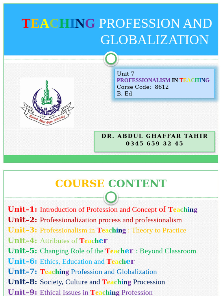 8612 Teaching Profession and Globalization Tahir | PDF | Teachers | Teacher Education