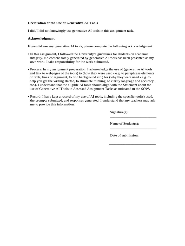 Declaration of The Use of Generative AI Tools (Student) | PDF