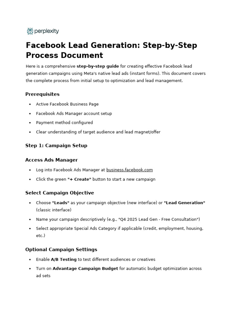 Facebook Lead Generation - Step-By-Step Process | PDF | Facebook ...