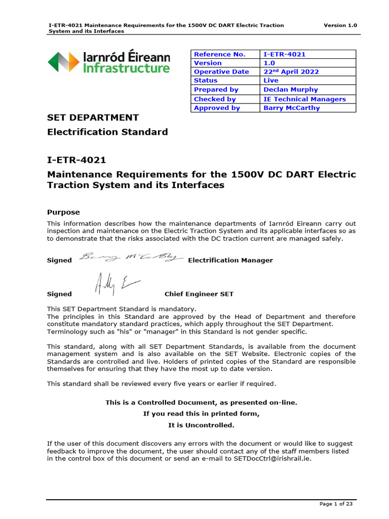I-ETR-4021 Iss1.0 Maintenance Requirements For The DC 1500V DART Electric Traction System and ...