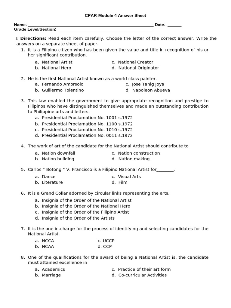 CPAR Module 4 Answer Sheet Guide | PDF | Philippines