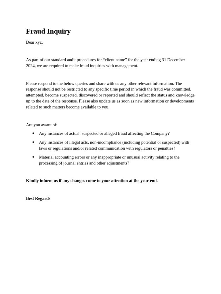2024 Audit Procedures and Inquiries | PDF | Going Concern | Loans