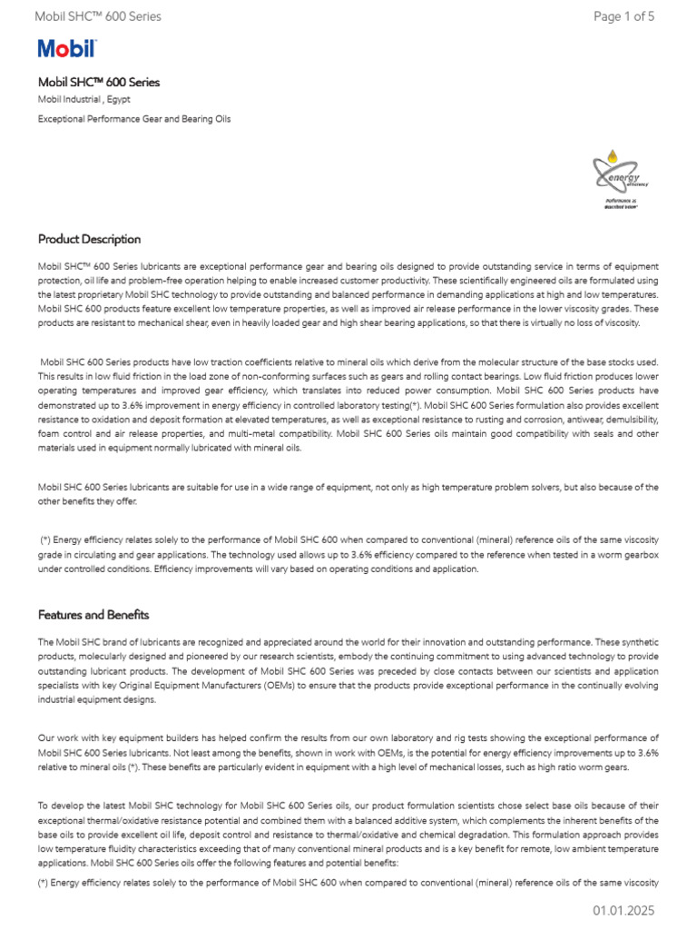 GL XX Mobil SHC 600 Series | PDF | Lubricant | Friction