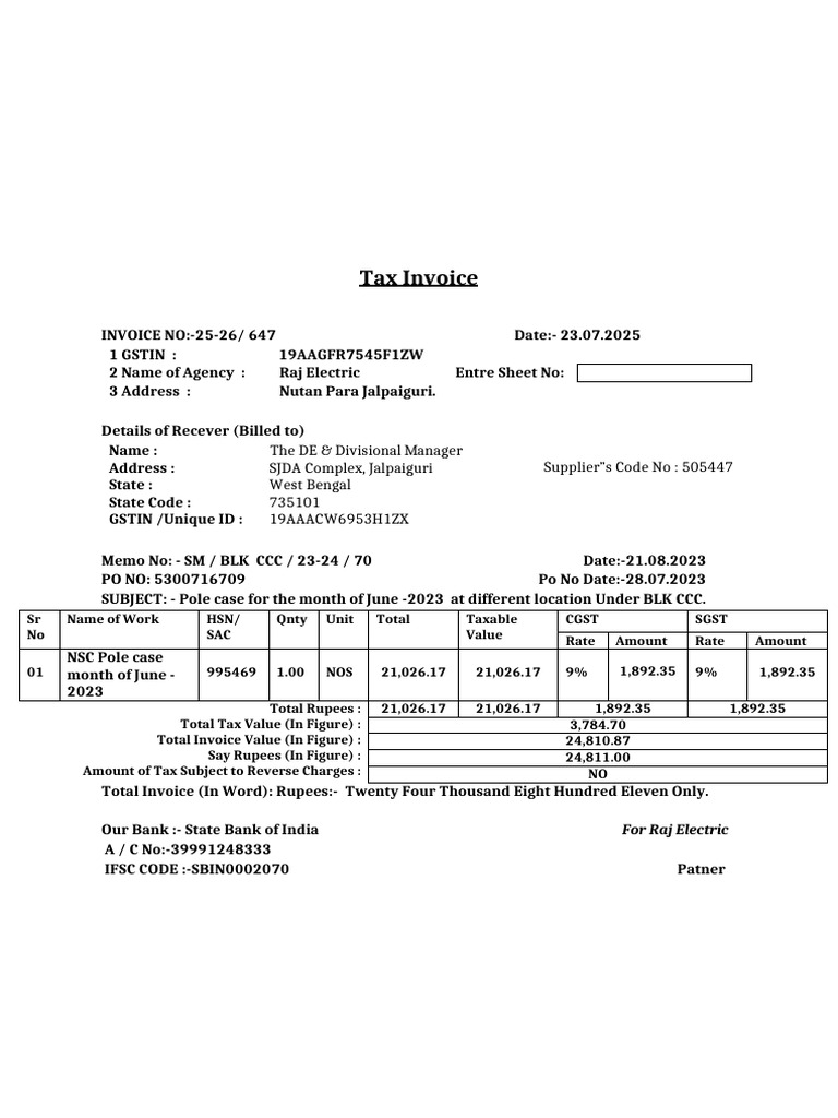 Invoice No - 647 Po No-5300716709 NSC Pole Case Month of June-2023 ...
