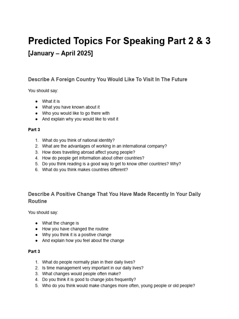 Predicted Topics For Speaking Part 2 & 3. Jan-April 2025 | PDF | Mobile ...