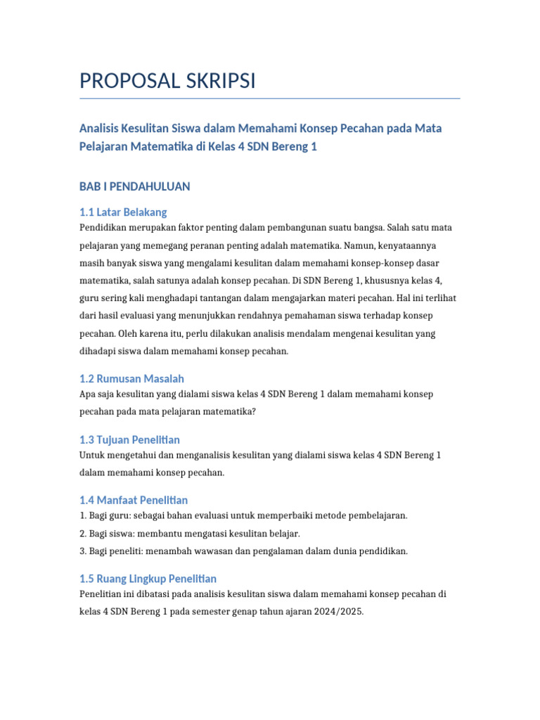 Proposal Skripsi Kesulitan Pecahan SDN Bereng 1 | PDF