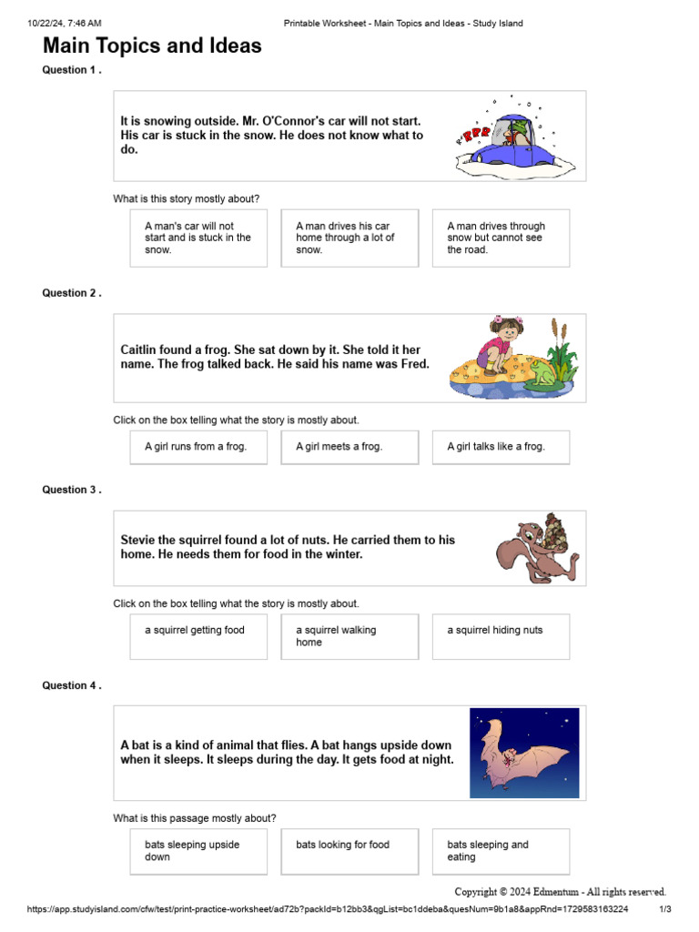 Printable Worksheet - Main Topics and Ideas - Study Island | PDF