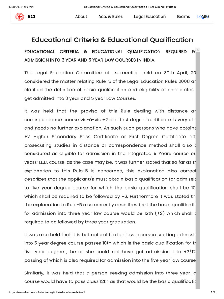 BCI Admission Criteria for Law Courses | PDF | Legal Education ...