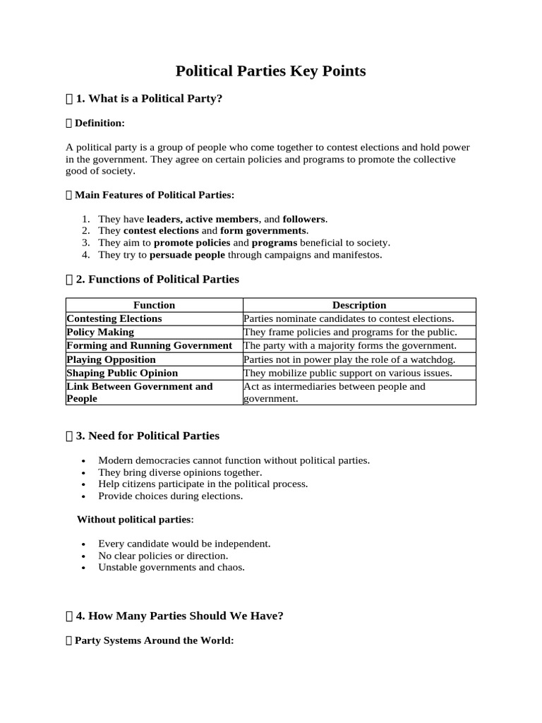 Political Parties Key Points | PDF | Political Parties | Elections