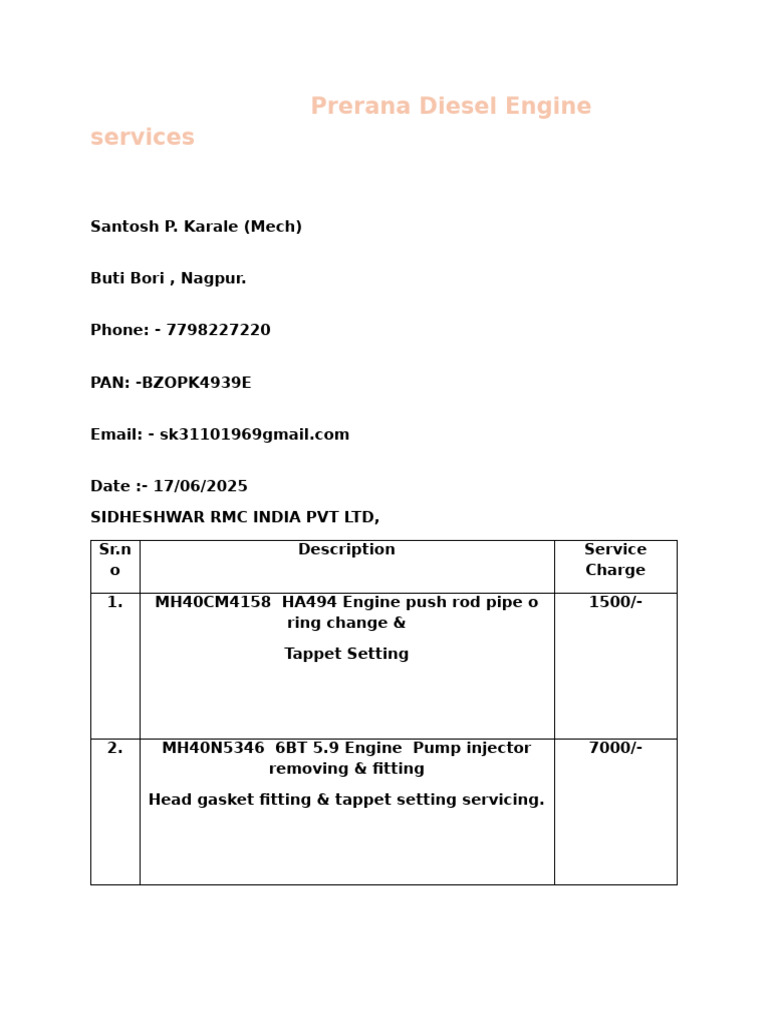 Prerana Diesel Engine Services | PDF