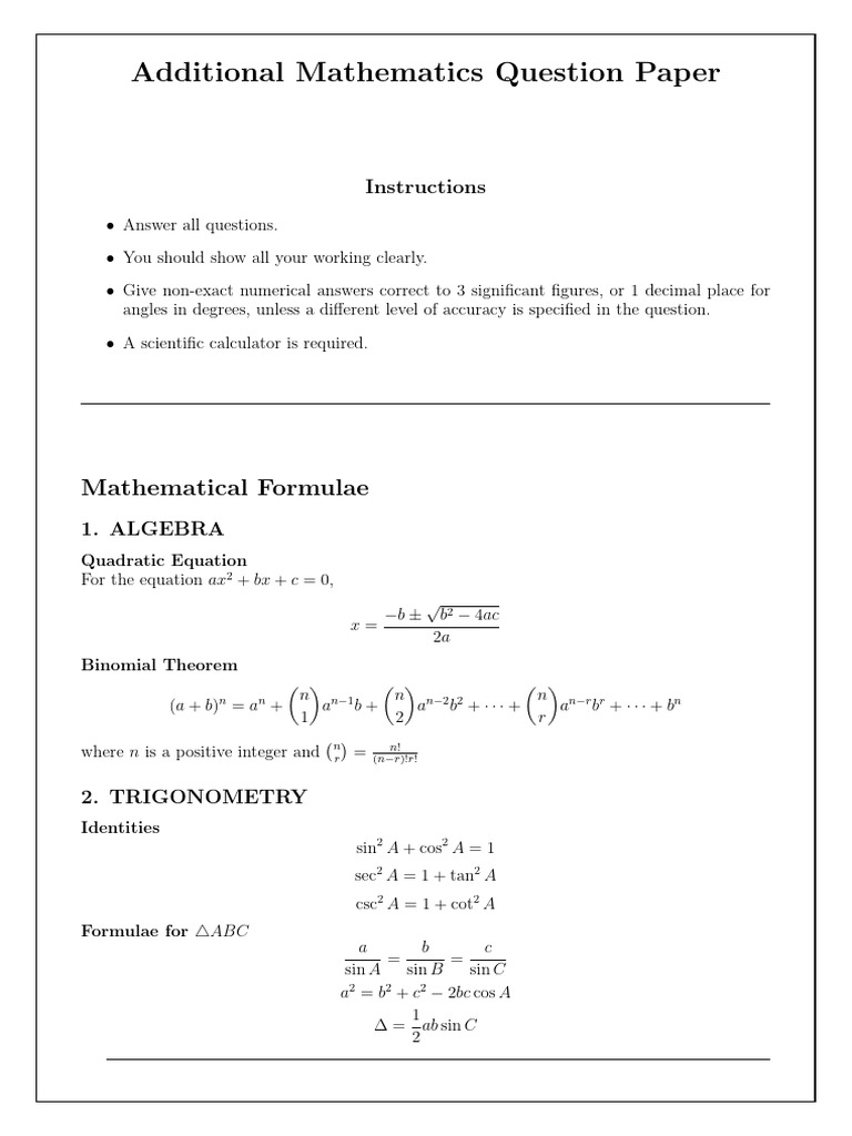 Additional Mathematics Exam Paper | PDF | Equations | Tangent