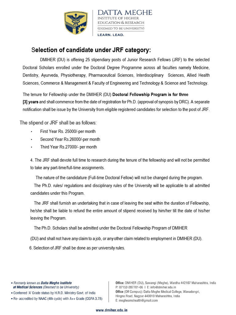 Selection of Candidate Under JRF Category | PDF