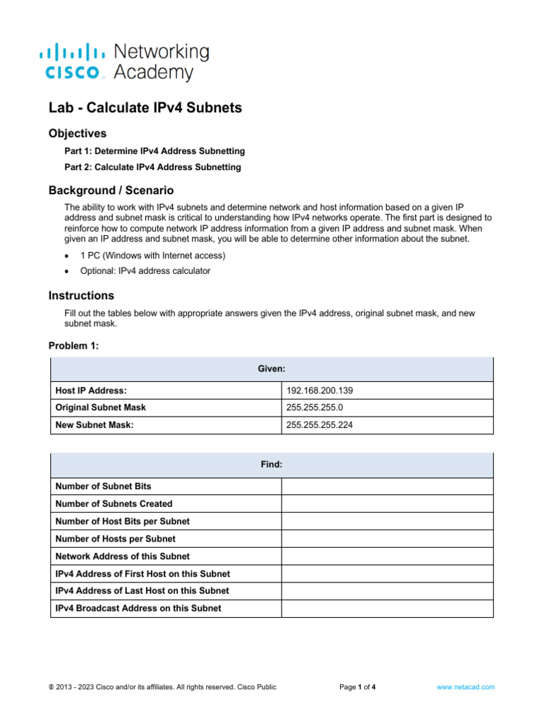 Lab: IPv4 Subnet Calculation Guide | PDF | Ip Address | Wide Area Network