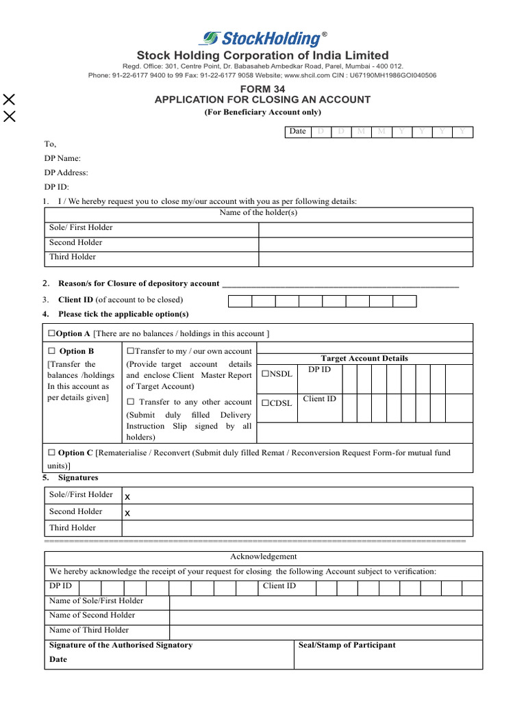 STOCK HOLDING DEMAT AC Closure - Form | PDF