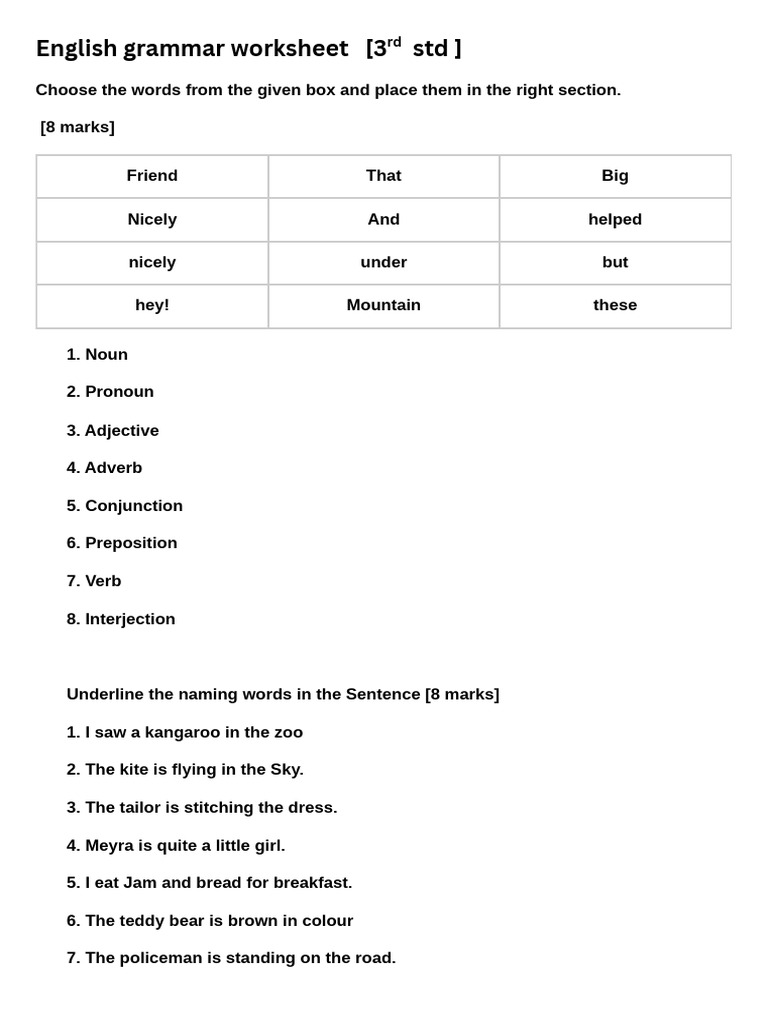 3rd Grammer Worksheet | PDF