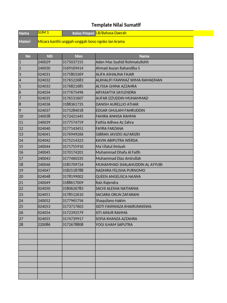 Template Nilai Sumatif-I.b-bahasa Daerah | PDF