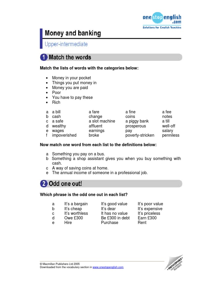 Money - Onestopenglish Worksheet | PDF | Overdraft | Money