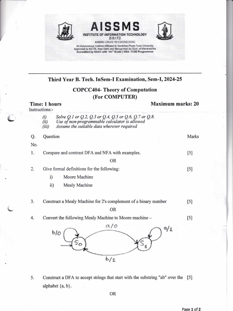 Theory of Computation TY COMP (Insem I) (2019 Pattern) (Semester - I ...