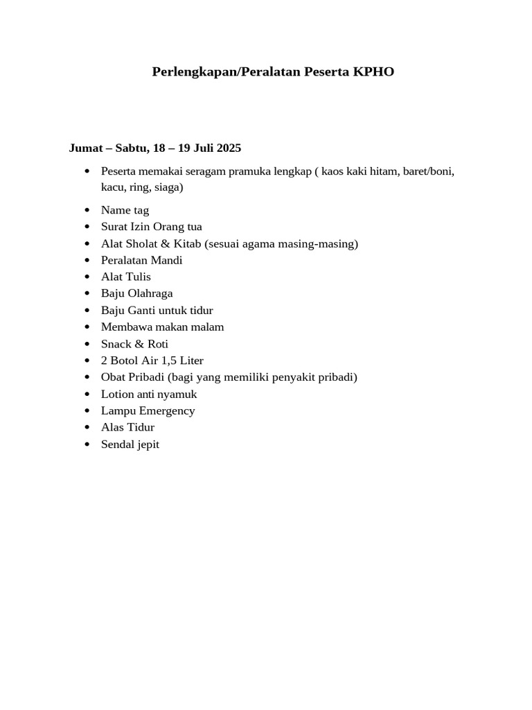 Perlengkapan Peserta KPHO 2025 | PDF