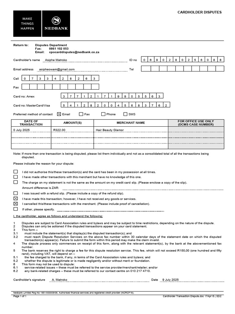 Nedbank Cardholder Dispute Form | PDF | Credit Card | Personal Finance
