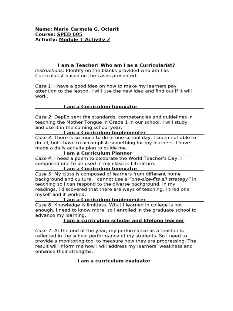Sped 605 - Module 1 Activity 2 - Oclarit - Marie Carmela (Part 1) | PDF | Curriculum | Learning
