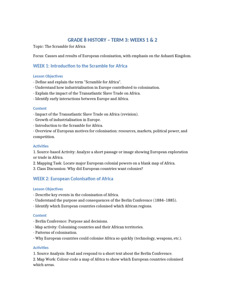 Grade 8 History Week 1 2 Plan | PDF