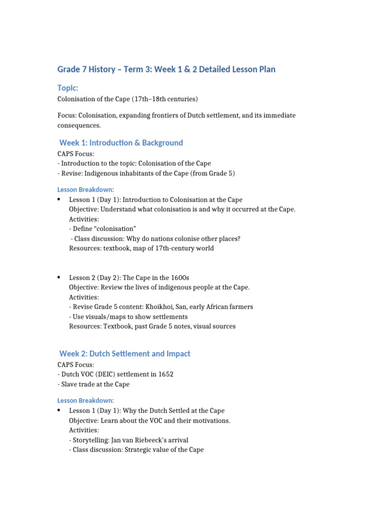 Grade 7 History Term3 Week1-2 Plan | PDF